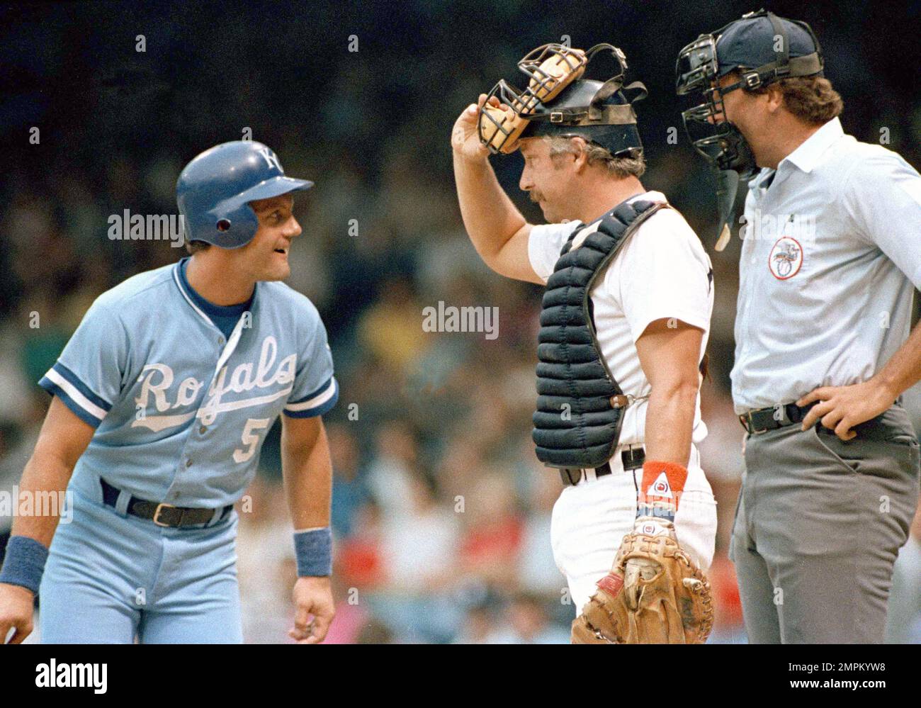 Kansas City's George Brett, left, enjoys a humorous moment with home ...