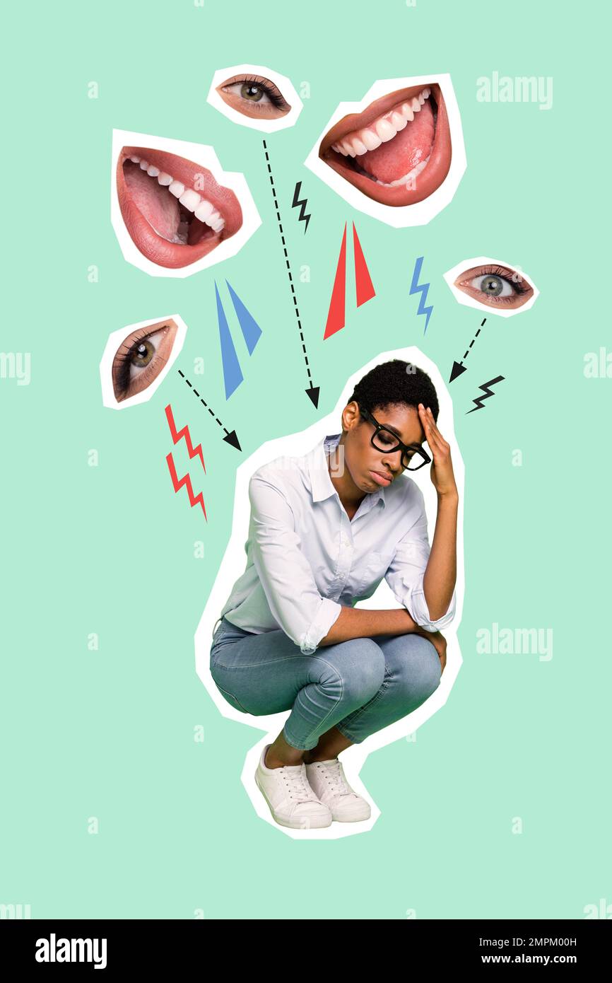 Creative weird collage of stressed unhappy businesswoman businessman ...