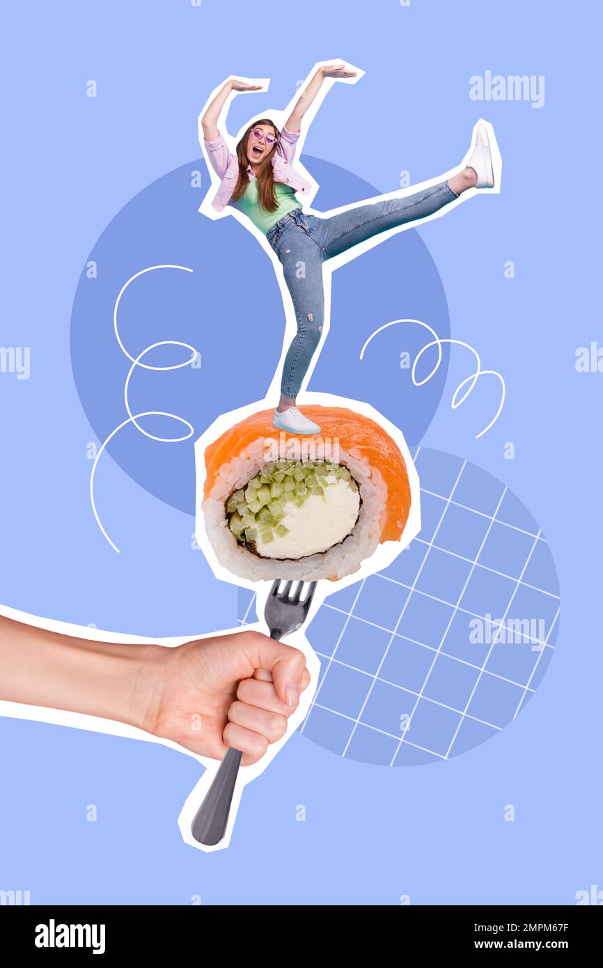 Creative banner poster collage of excited crazy woman dance big yummy ...