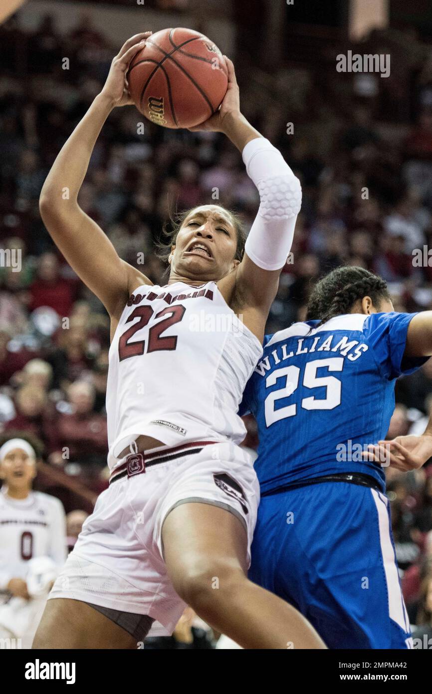South Carolina forward A'ja Wilson (22) grabs a rebound against Duke ...