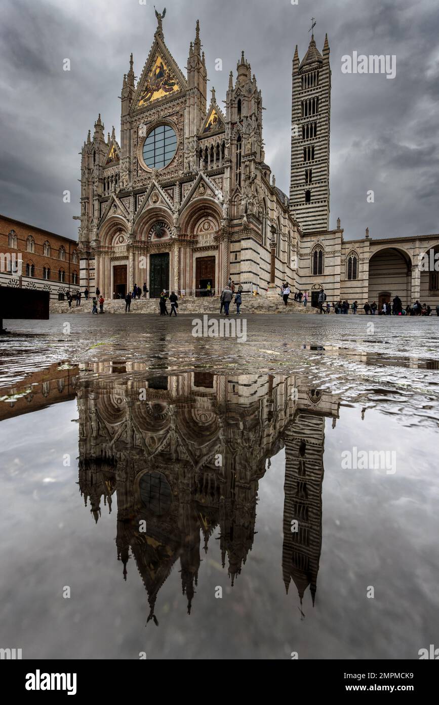Siena Cathedral with reflection in a puddle in Siena, Tuscany, Italy ...