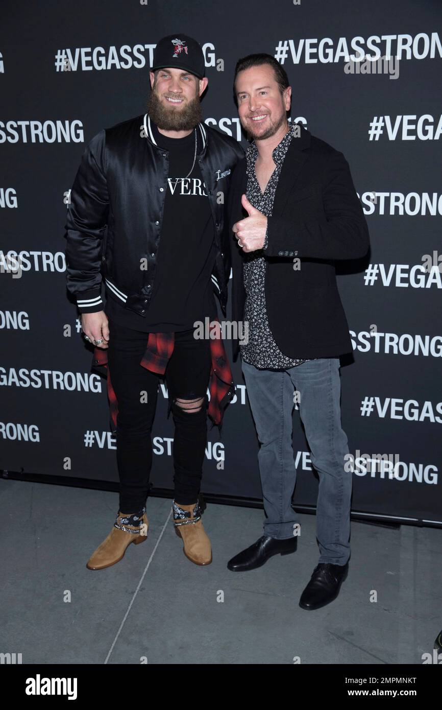 Bryce Harper, left and Kurt Busch arrive at the Vegas Strong Benefit ...
