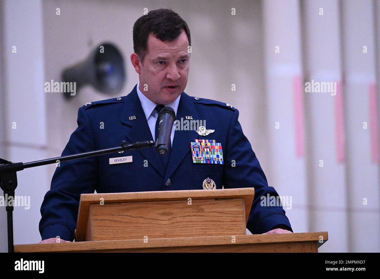 Col. Ted Geasley, incoming commander of the 118th Wing, addresses the 118th Wing for the first ...