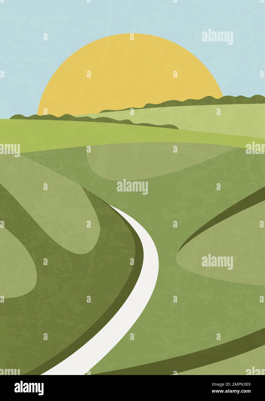 Sunny valley landscape background illustration poster. Nature ...