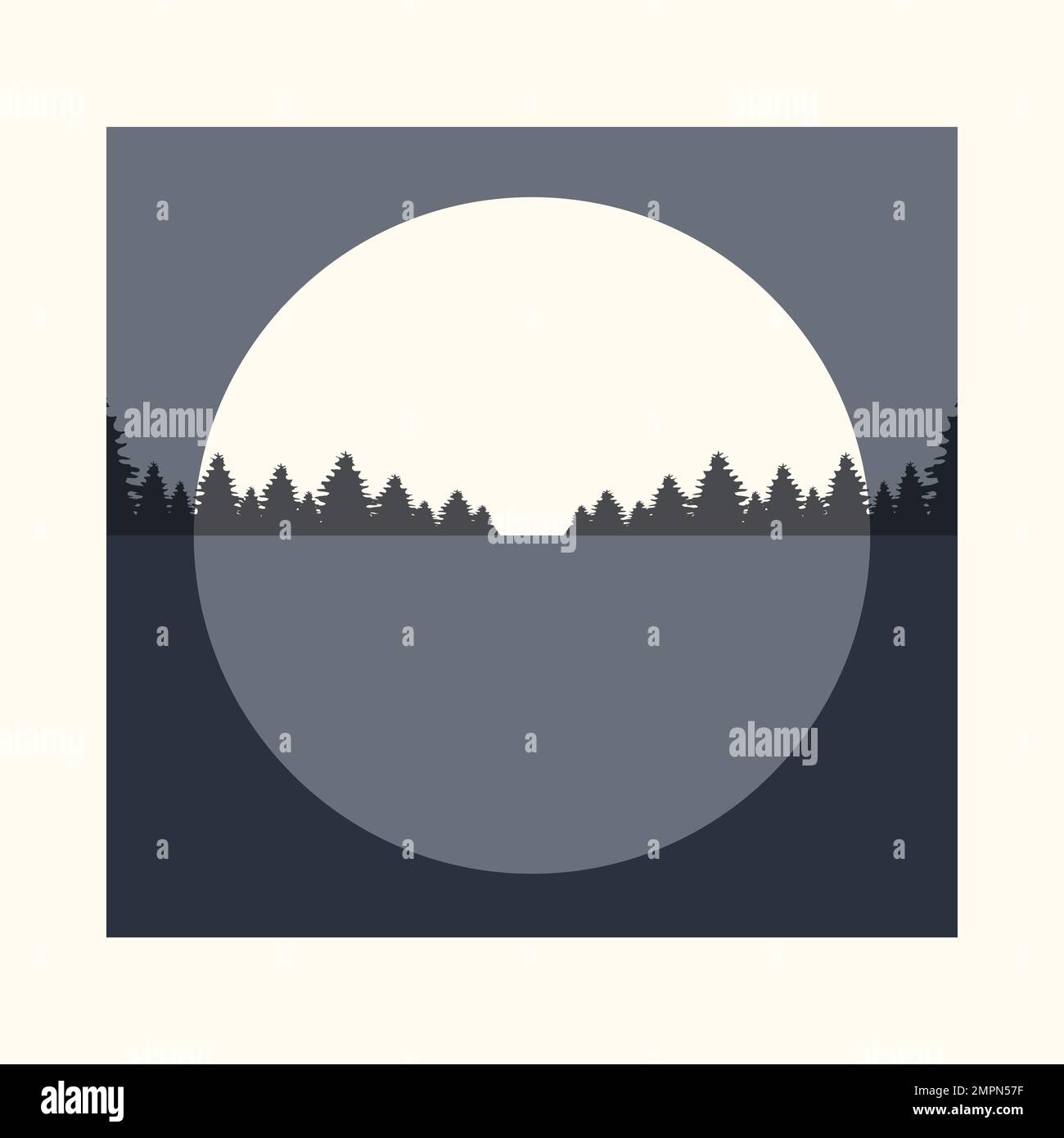 Wild landscape with forest and moon in night poster. Full moon and lake ...