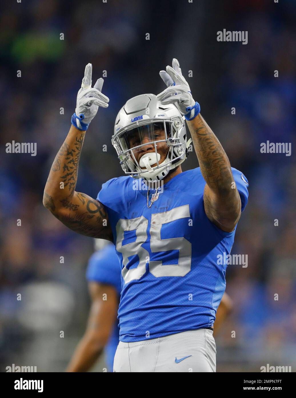 Detroit Lions tight end Eric Ebron (85) celebrates a catch against the ...