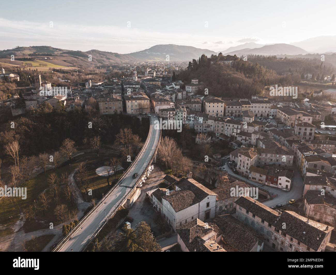 Italy, January 2023: aerial view of the medieval village of Pergola ...