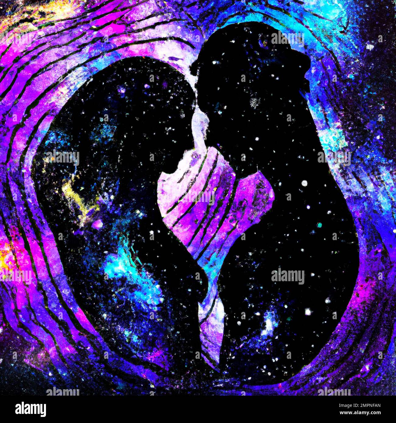 Man and Woman silhouettes at abstract cosmic background. Human souls ...