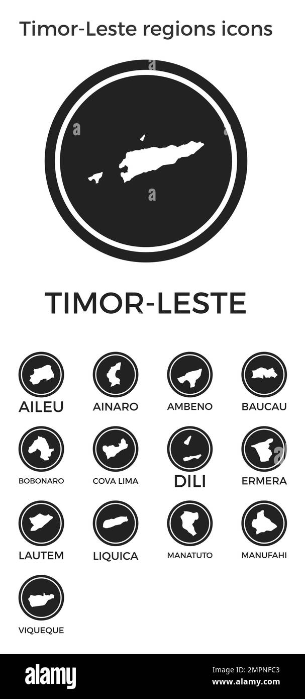 Timor-Leste regions icons. Black round logos with country regions maps ...