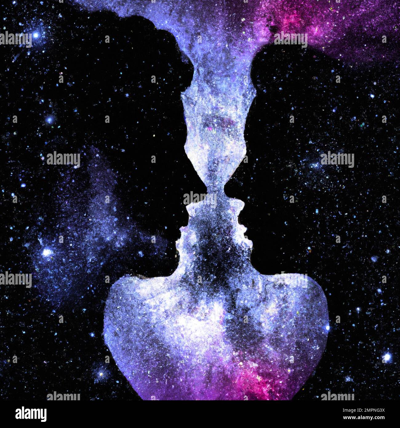 Man and Woman silhouettes at abstract cosmic background. Human souls ...