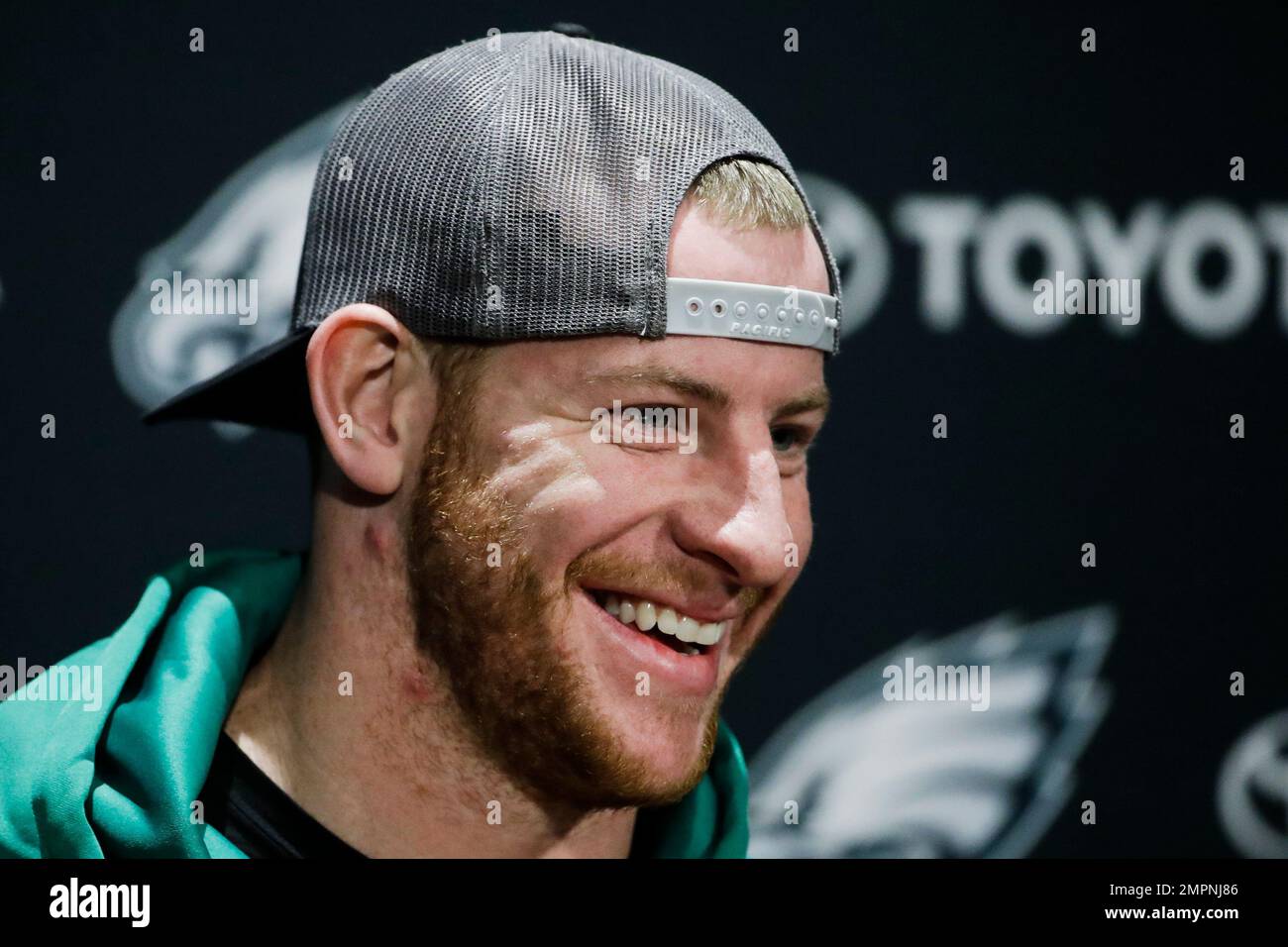 Philadelphia Eagles quarterback Carson Wentz speaks with members of the ...