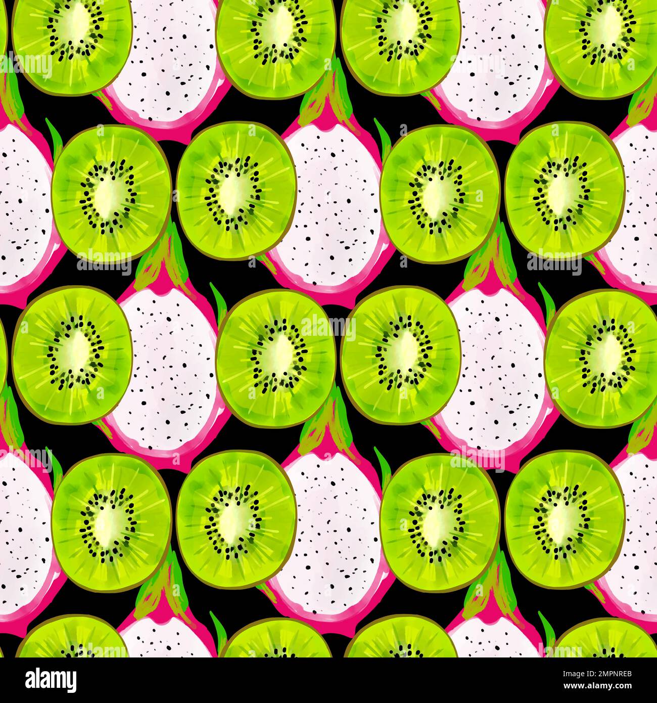 Seamless pattern with iIllustration kiwi and pitahaya on a black ...