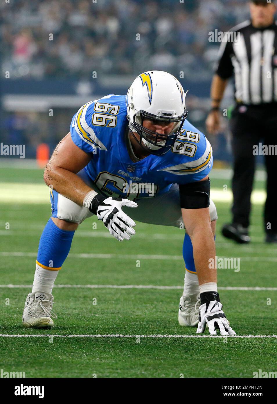 Los Angeles Chargers guard Dan Feeney (66) lines up against the Dallas ...