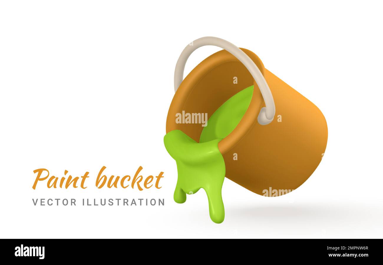 3d realistic yellow bucket of green paint in cartoon style. Vector ...