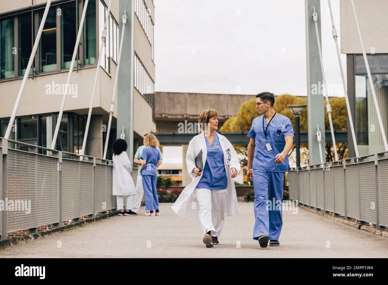 Female doctor talking while walking with hospital staff on bridge Stock ...