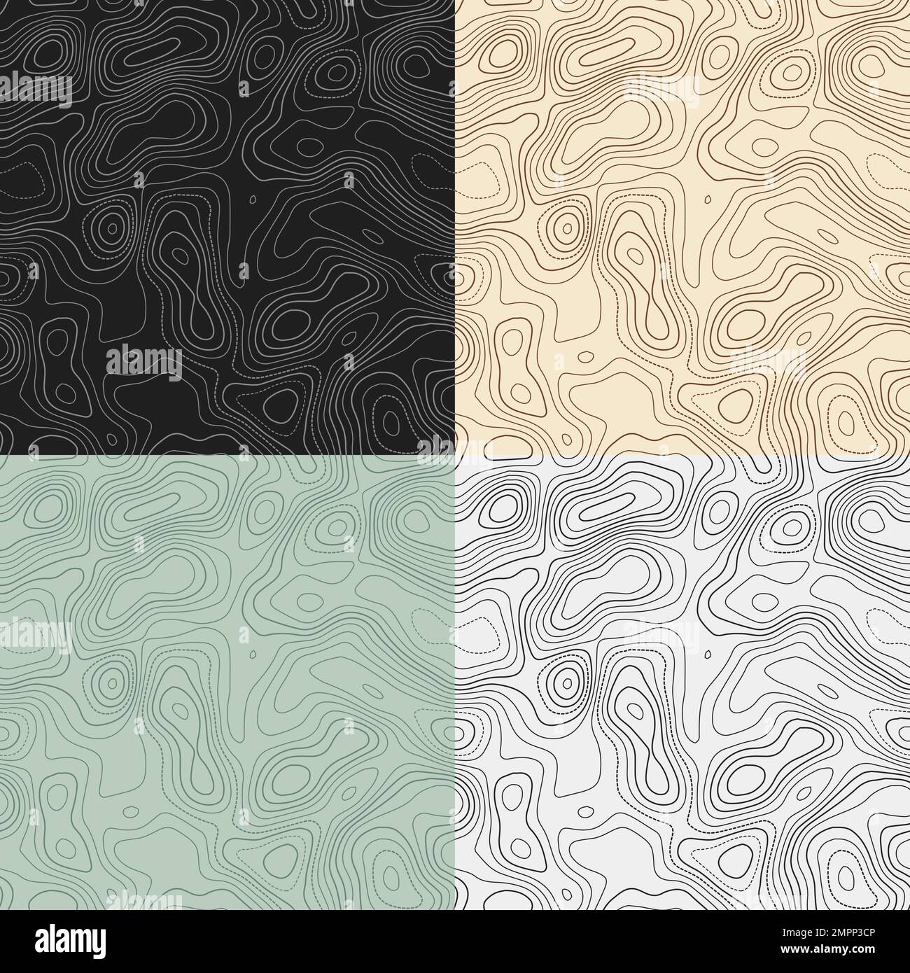 Topography patterns. Seamless elevation map tiles. Artistic isoline ...