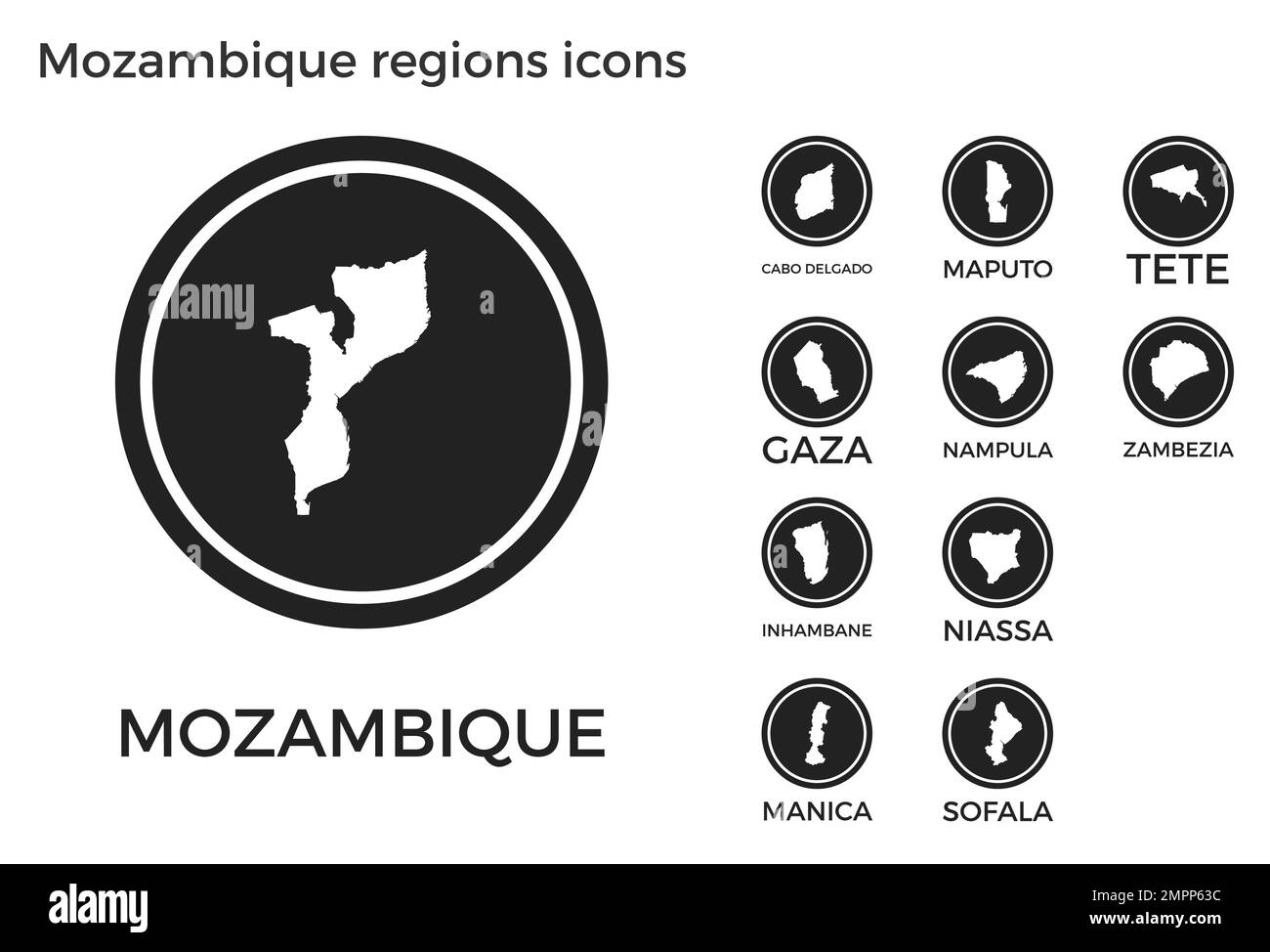 Mozambique regions icons. Black round logos with country regions maps ...