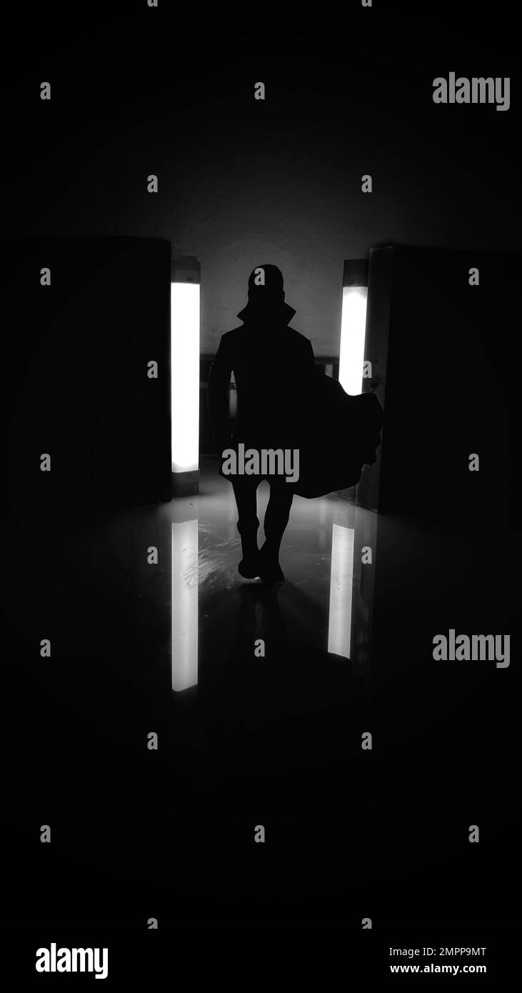 A vertical grayscale of a silhouette of a person in a robe walking ...