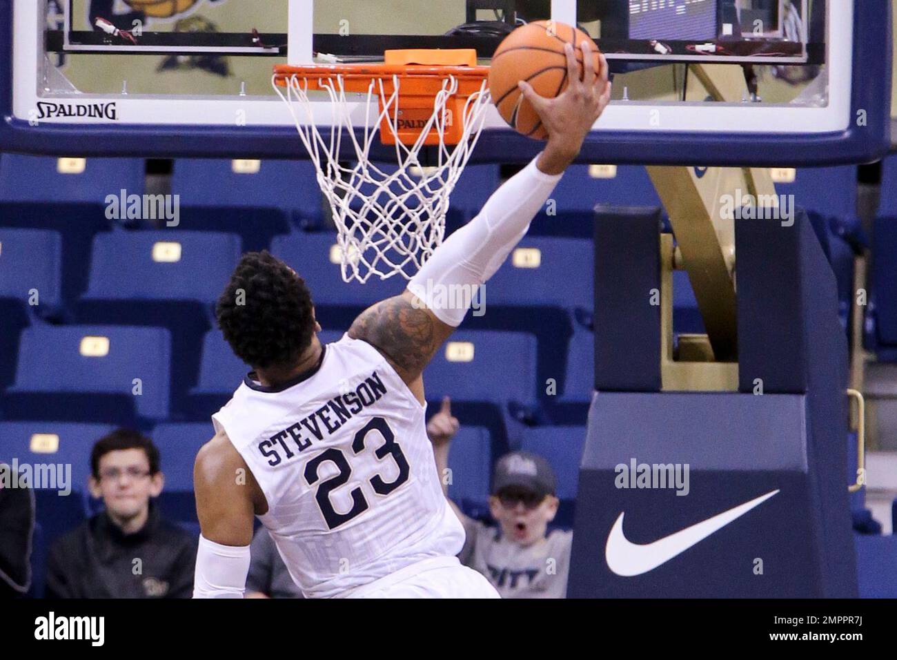 Pittsburgh's Shamiel Stevenson (23) goes for a dunk as he plays against ...