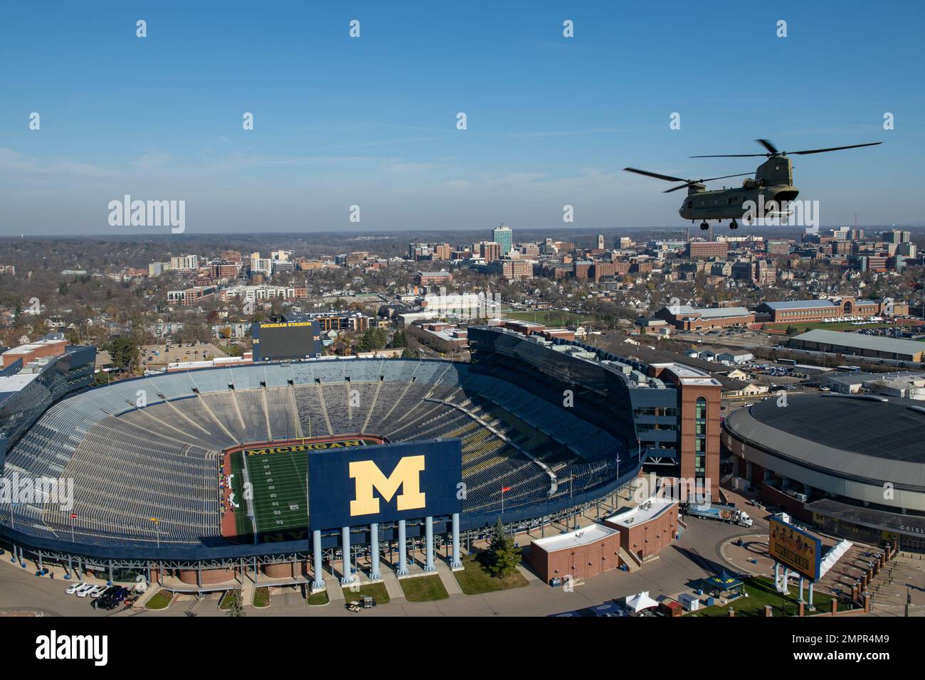 A CH-47 Chinook assigned to Army Aviation Support Facility #2 (AASF #2) flies over Michigan ...