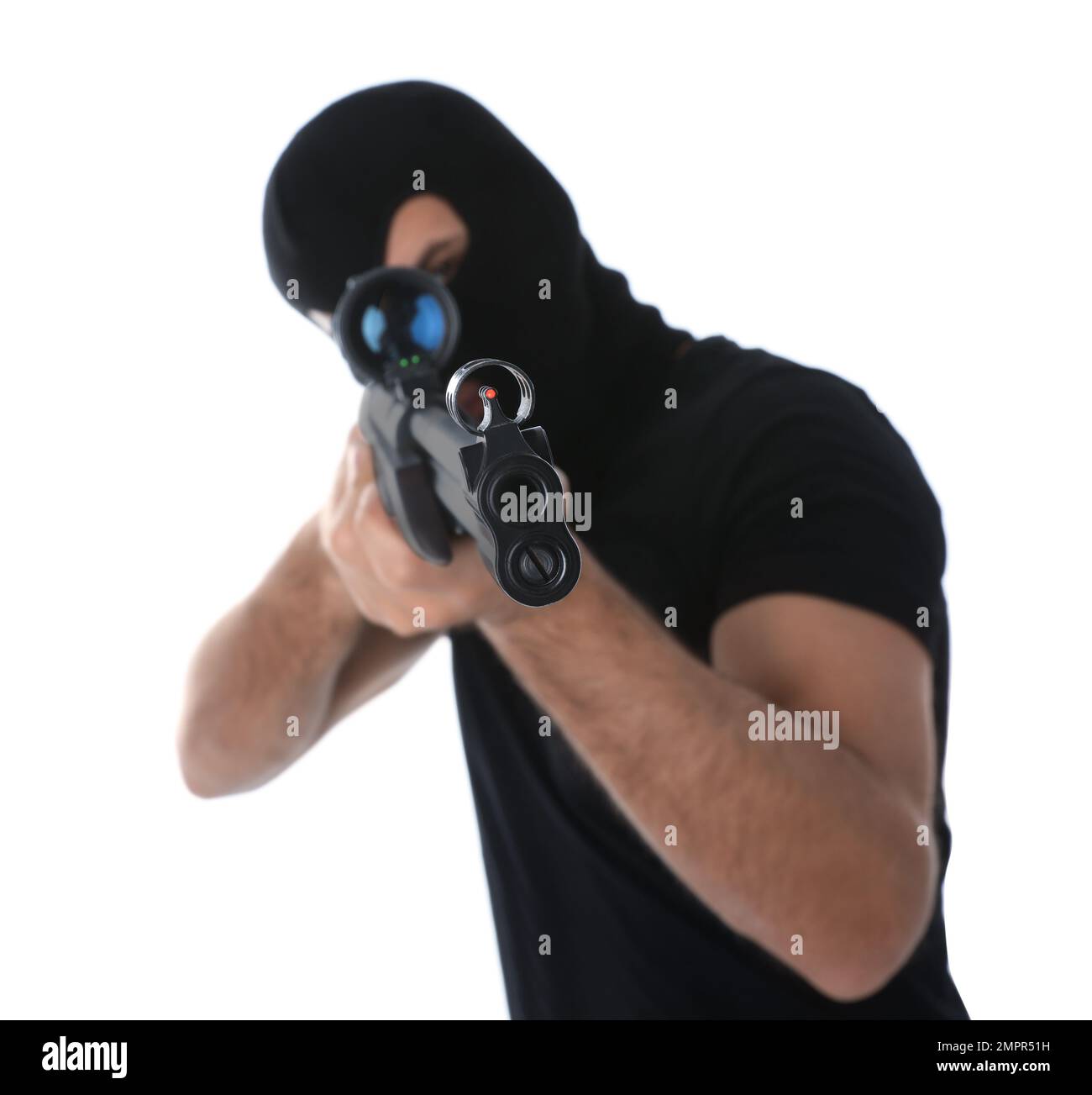 Professional killer with sniper rifle on white background Stock Photo ...