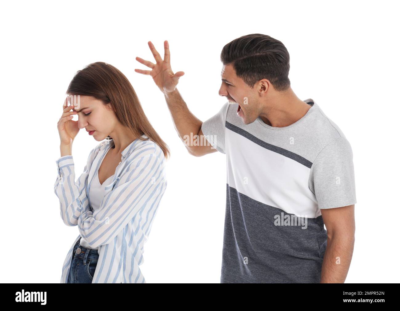 Man shouting at his girlfriend on white background. Relationship ...