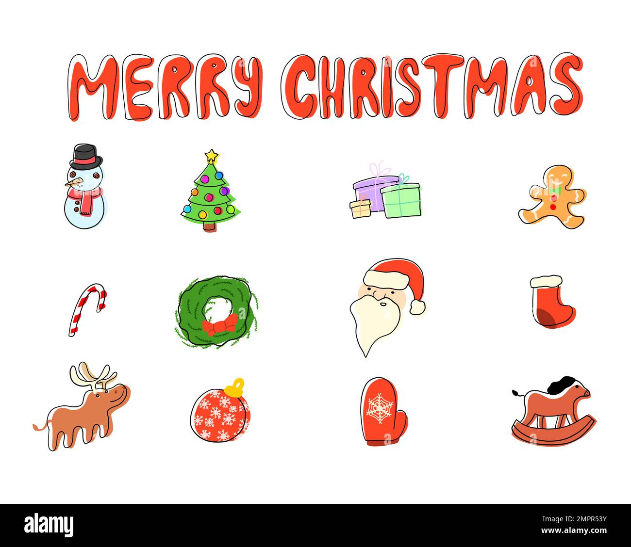 Merry Christmas Set. Vector elements in cartoon flat style isolated on ...