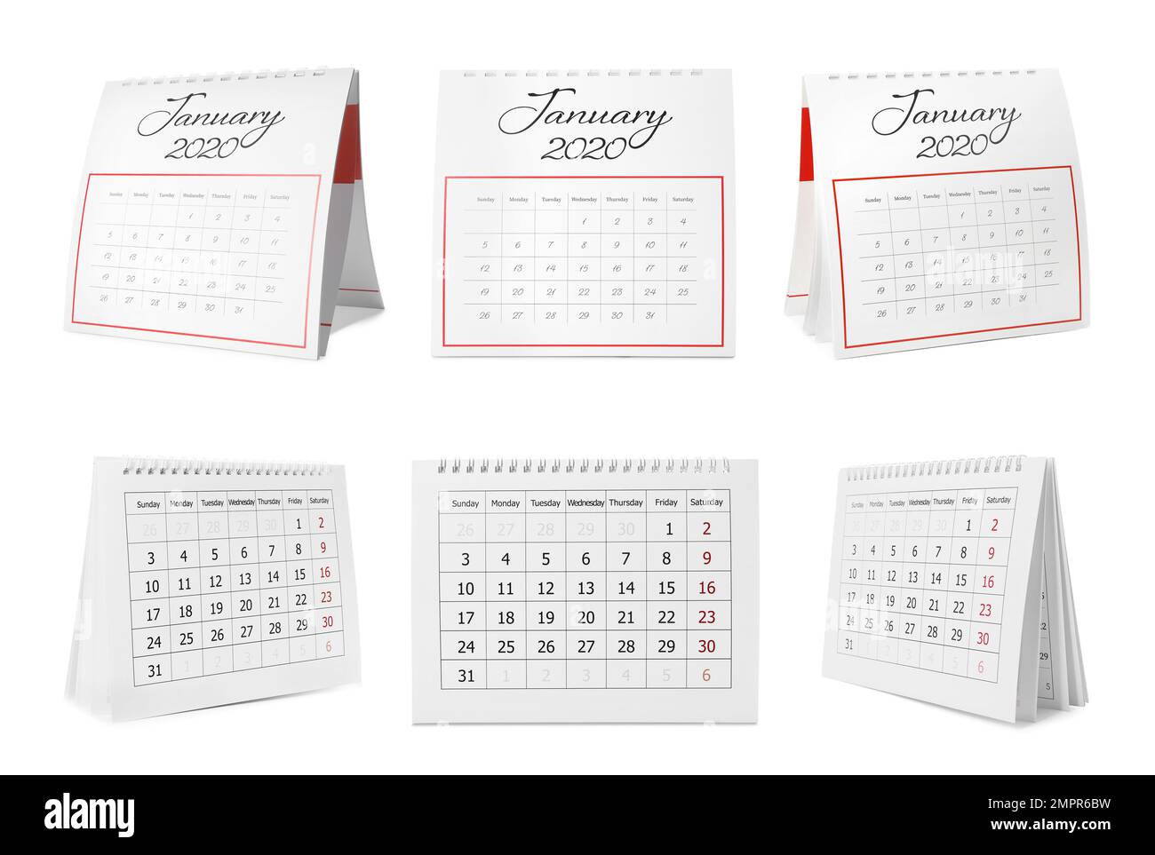 Set of different paper calendars on white background Stock Photo - Alamy