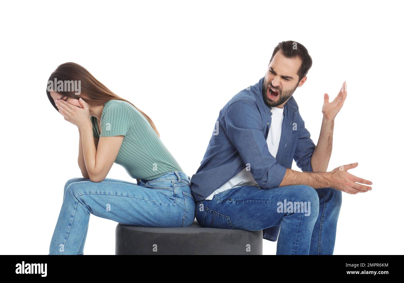 Man shouting at his girlfriend on white background. Relationship ...
