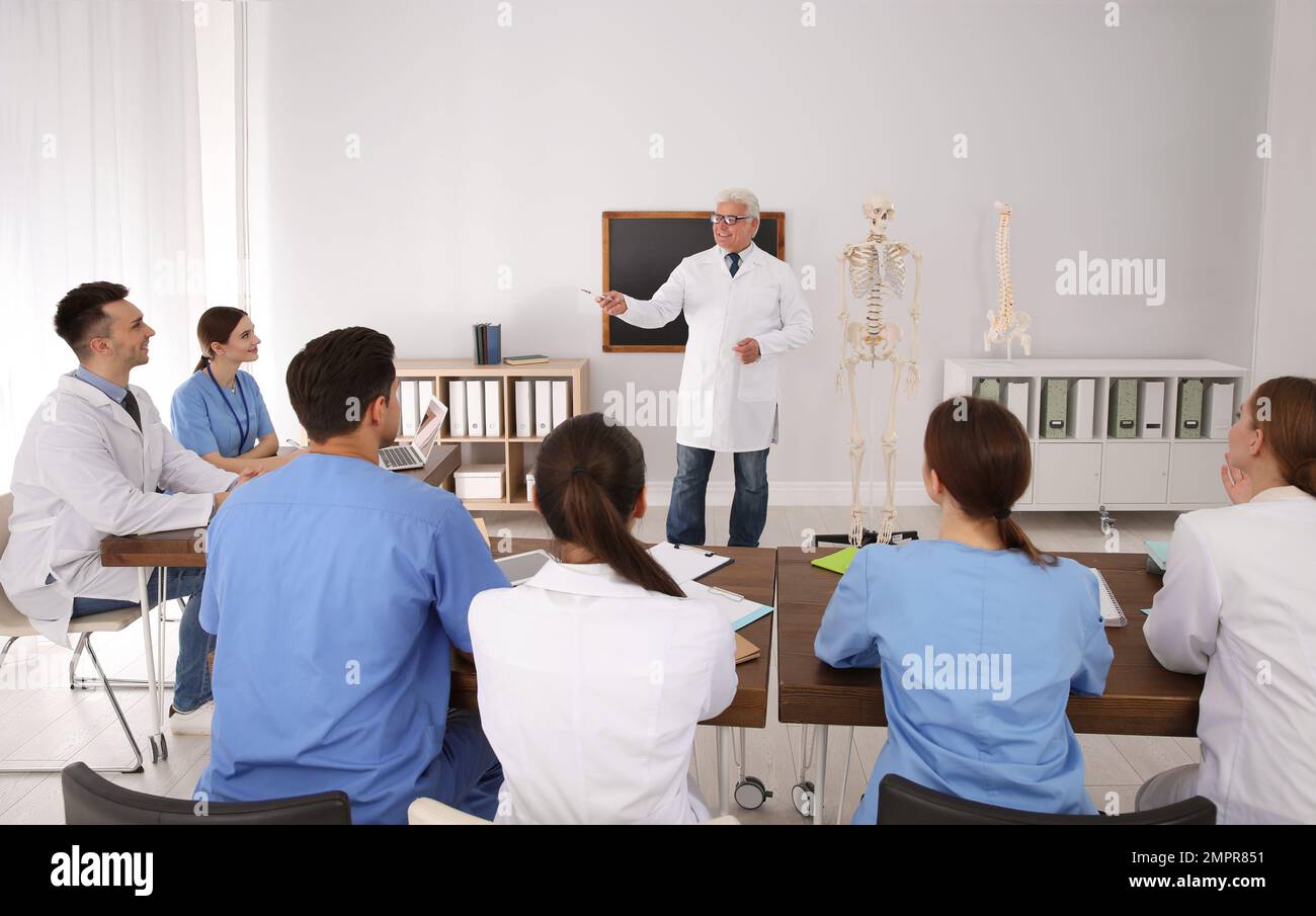 Medical students and professor studying human skeleton anatomy in ...