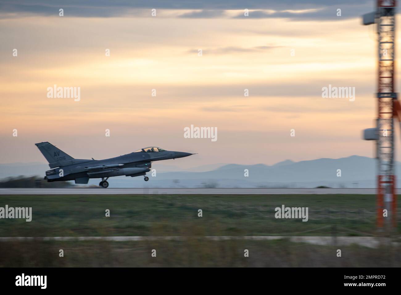 A U.S. F-16 Fighting Falcon lands during exercise Falcon Strike 2022 at Amendola Air Base, Italy ...