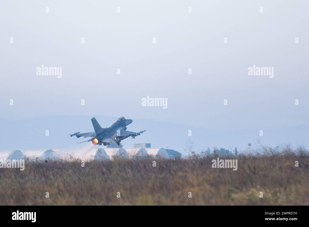 A U.S. Air Force F-16 Fighting Falcon from the 555th Fighter Squadron takes off during exercise ...