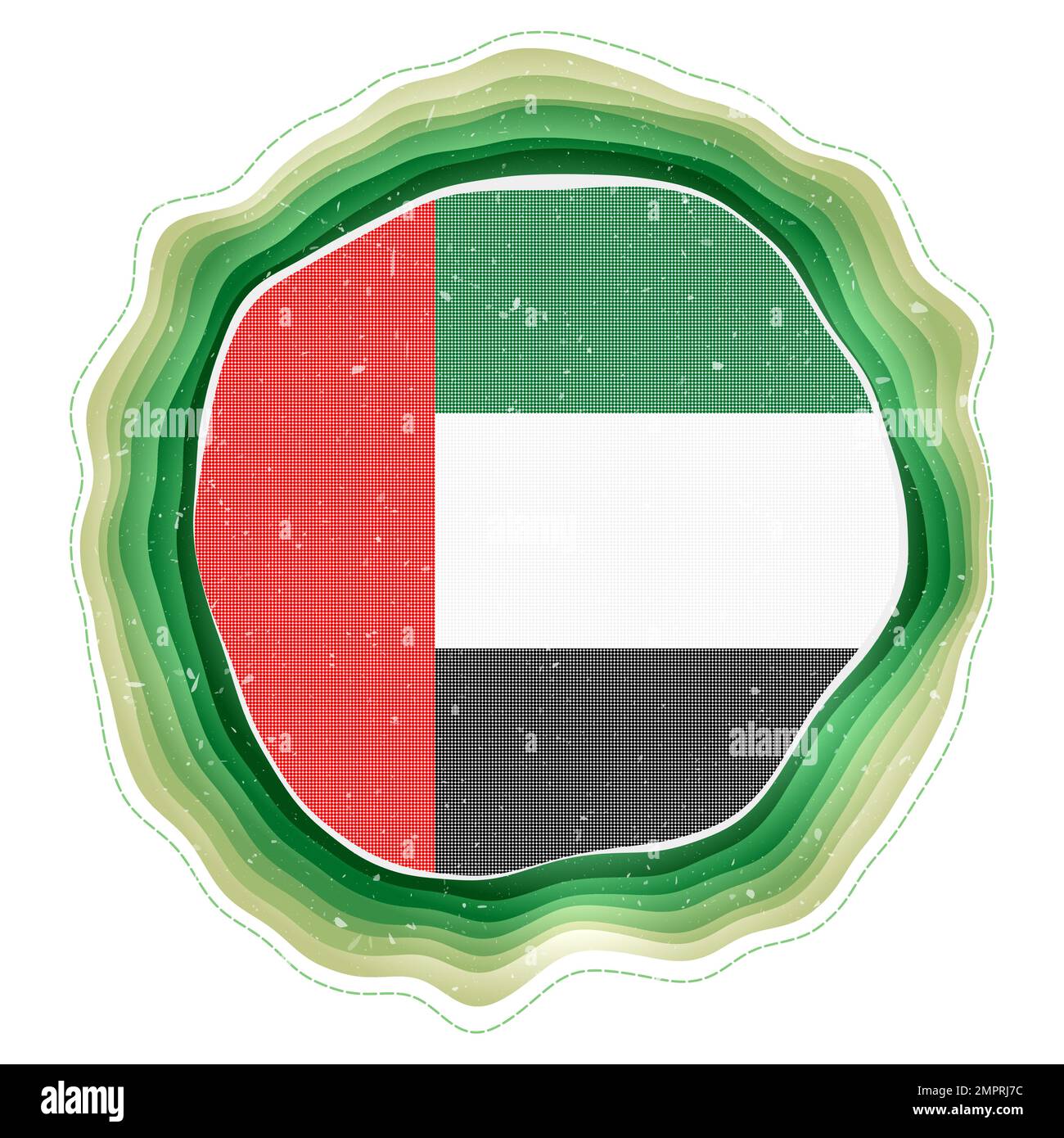 UAE flag in frame. Badge of the country. Layered circular sign around UAE flag. Astonishing ...