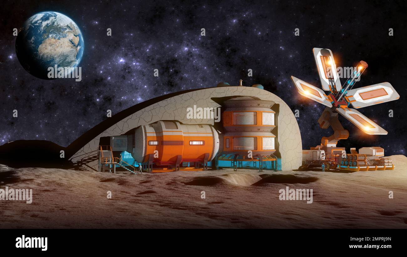 Lunar base, spatial outpost. First settlement on the moon. Space ...