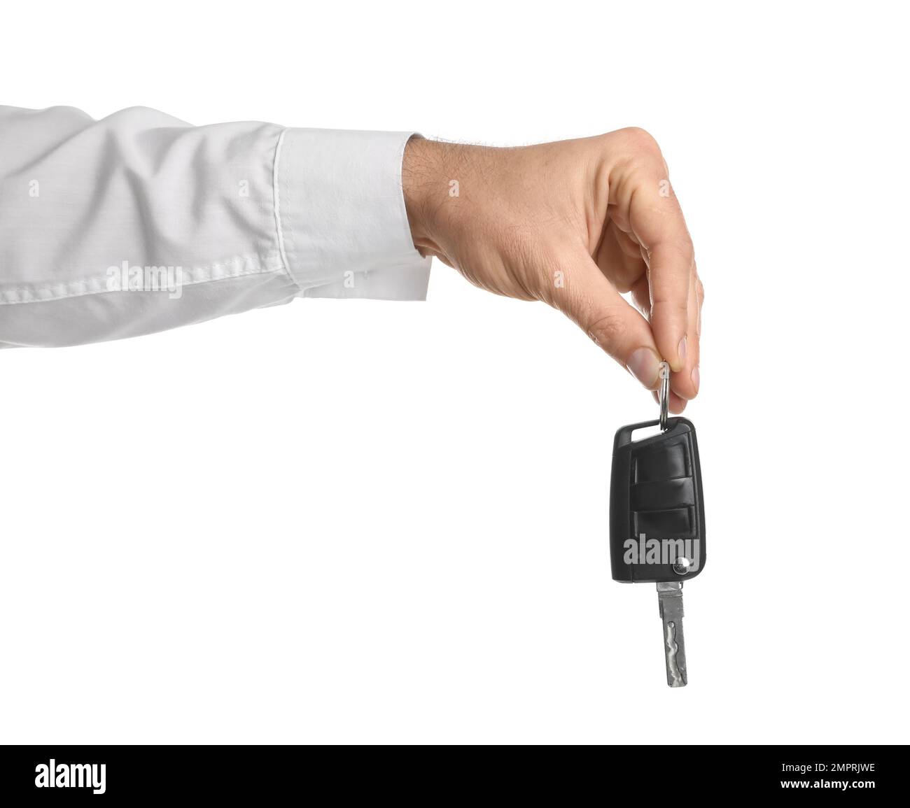 Man holding key on white background, closeup. Car buying Stock Photo ...