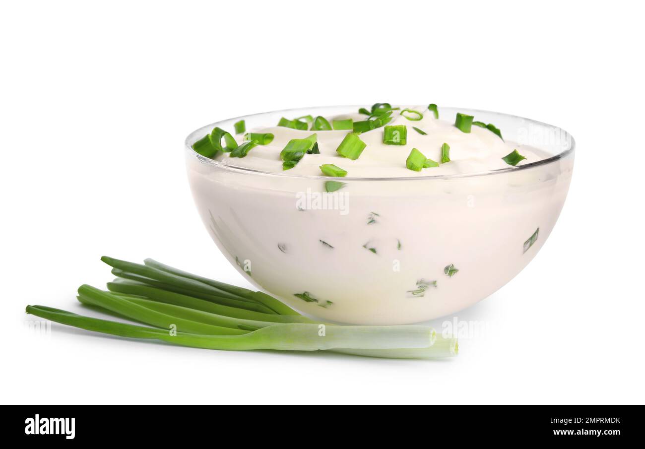 Fresh sour cream with onion on white background Stock Photo - Alamy