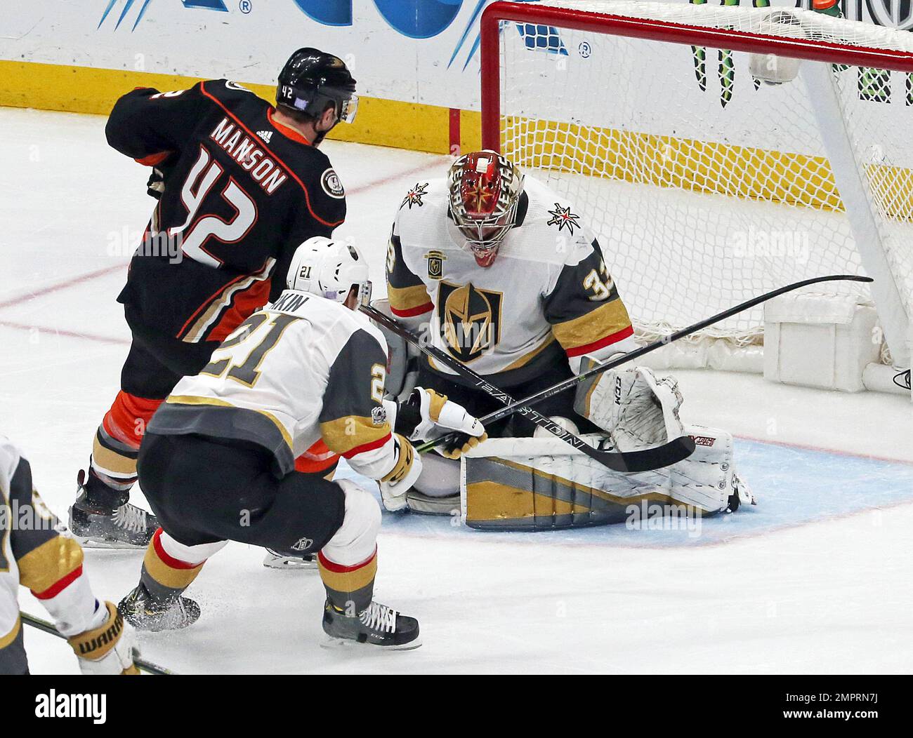Anaheim Ducks defenseman Josh Manson (42) scores a goal on Vegas Golden ...