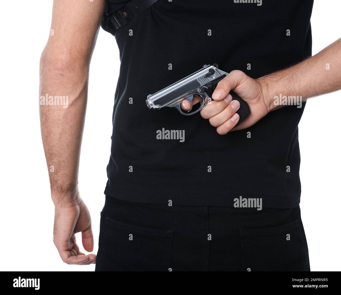 Professional killer with gun on white background, closeup Stock Photo ...