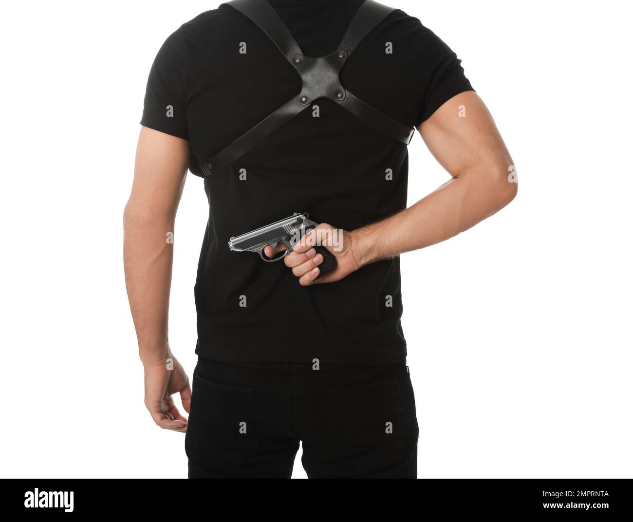 Professional killer with gun on white background, closeup Stock Photo ...