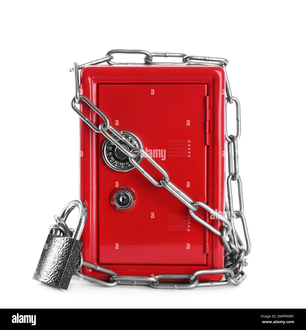 Red steel safe with chain and padlock isolated on white Stock Photo - Alamy