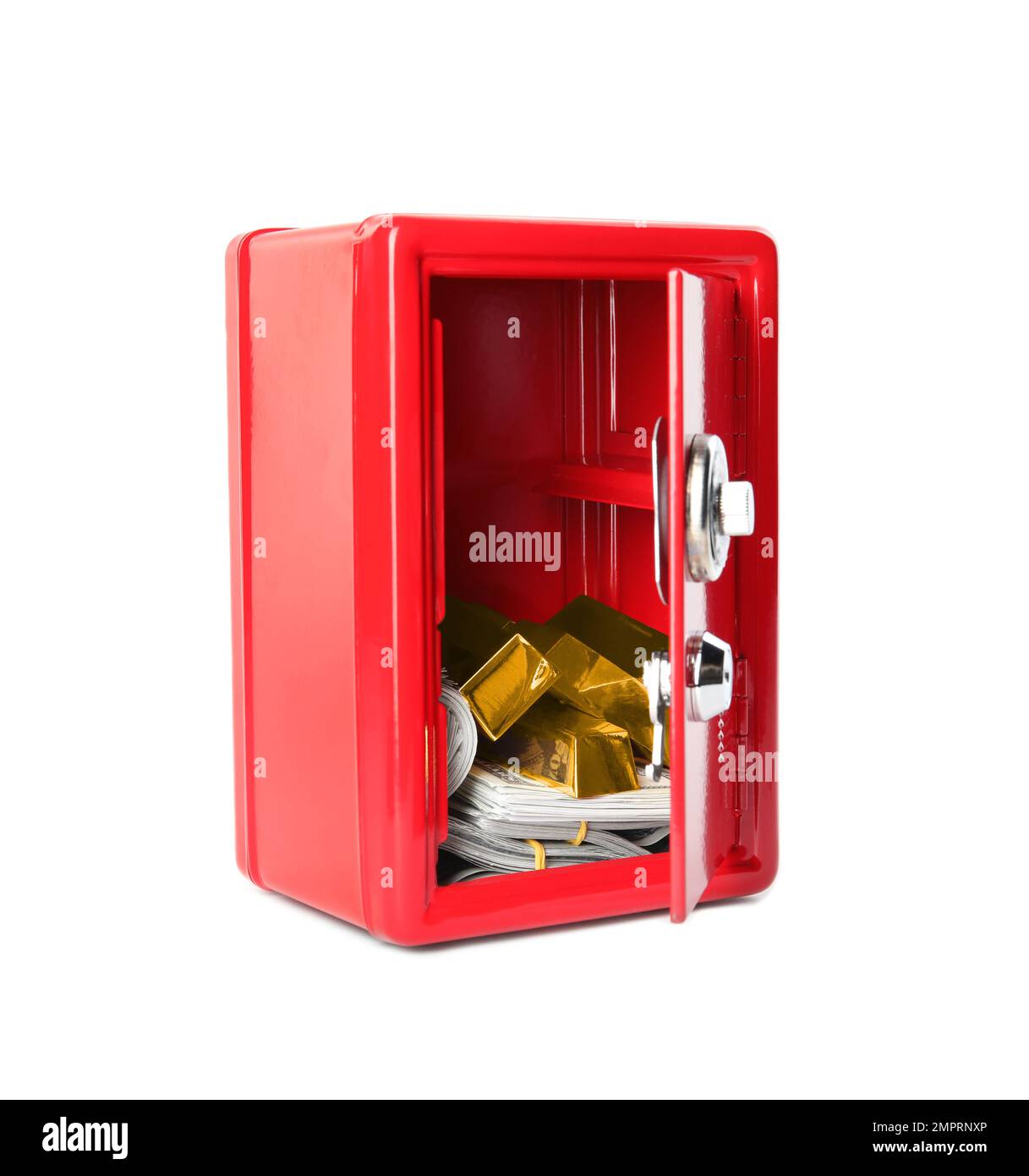 Open steel safe with money and gold bars isolated on white Stock Photo ...