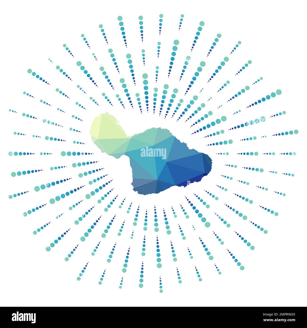 Shape of Maui, polygonal sunburst. Map of the island with colorful star ...