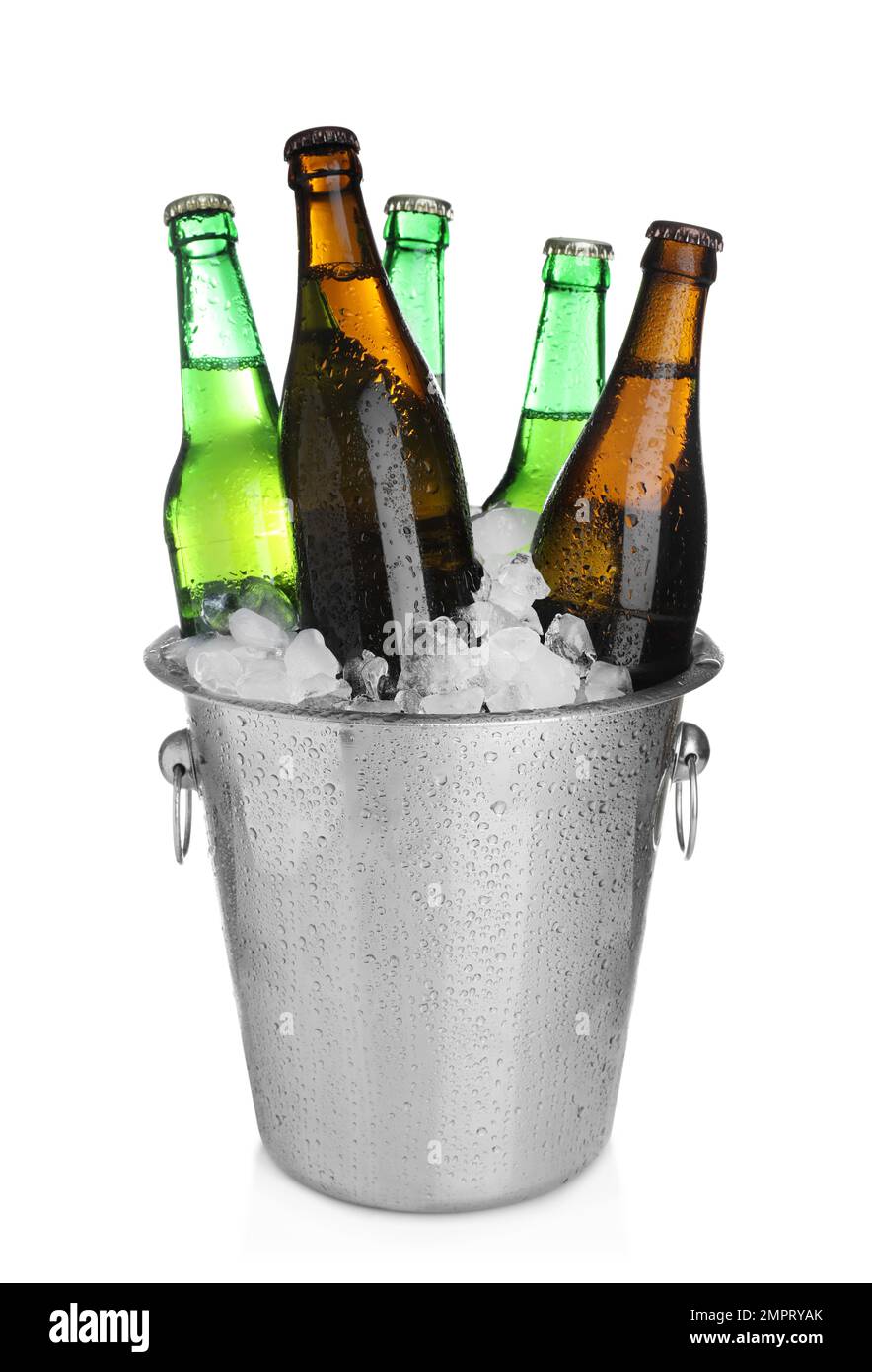 Beer in metal bucket with ice isolated on white Stock Photo - Alamy