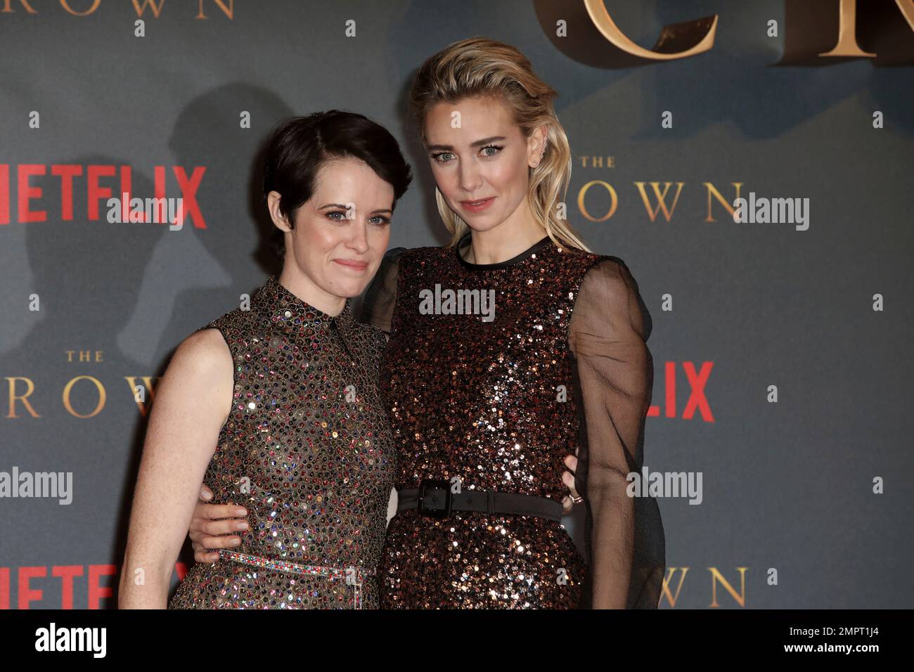 Actresses Claire Foy, left, and Vanessa Kirby pose for photographers on ...