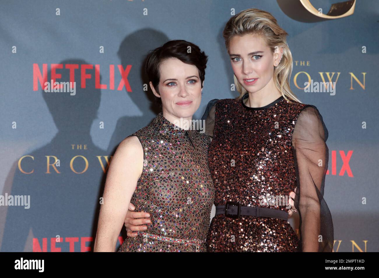 Actresses Claire Foy, left, and Vanessa Kirby pose for photographers on ...
