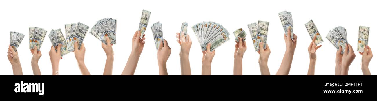 Collage of women with money on white background, closeup. American ...