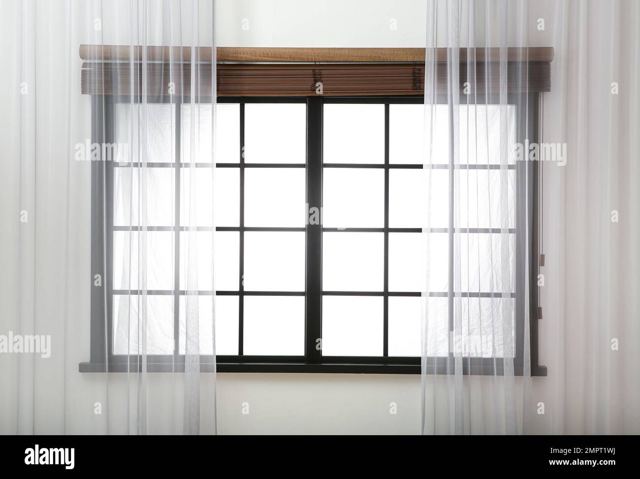 Window with beautiful curtains and open blinds in room Stock Photo - Alamy