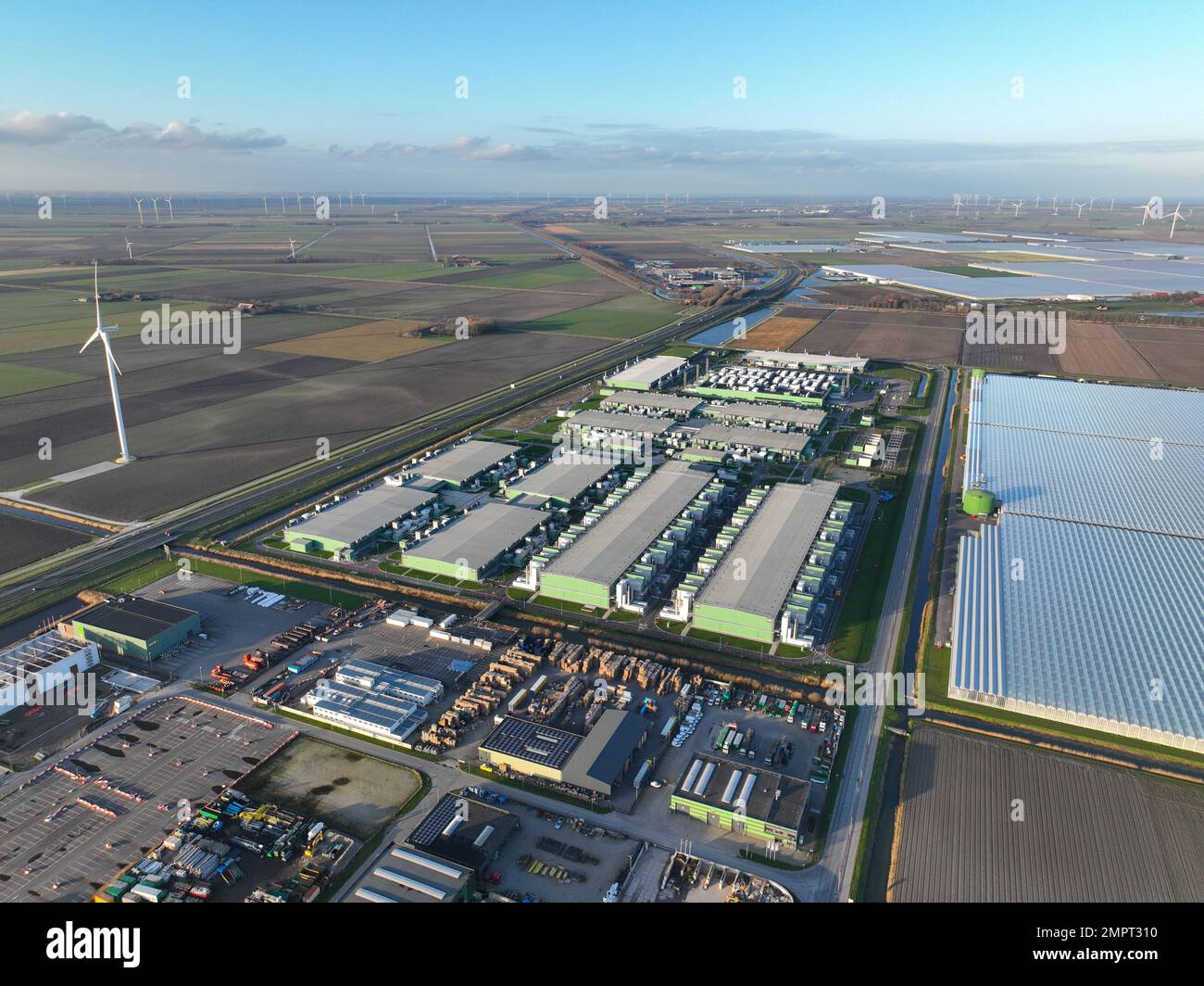 Large scale computing infrastructure, datacenter aerial drone overhead ...