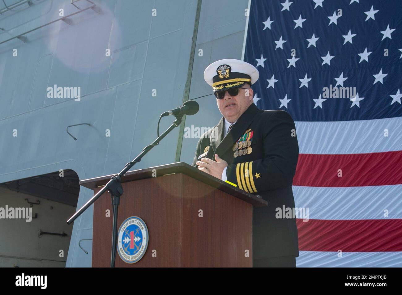 SAN DIEGO (Nov. 17, 2022) Capt. Tate Robinson speaks during a change of ...