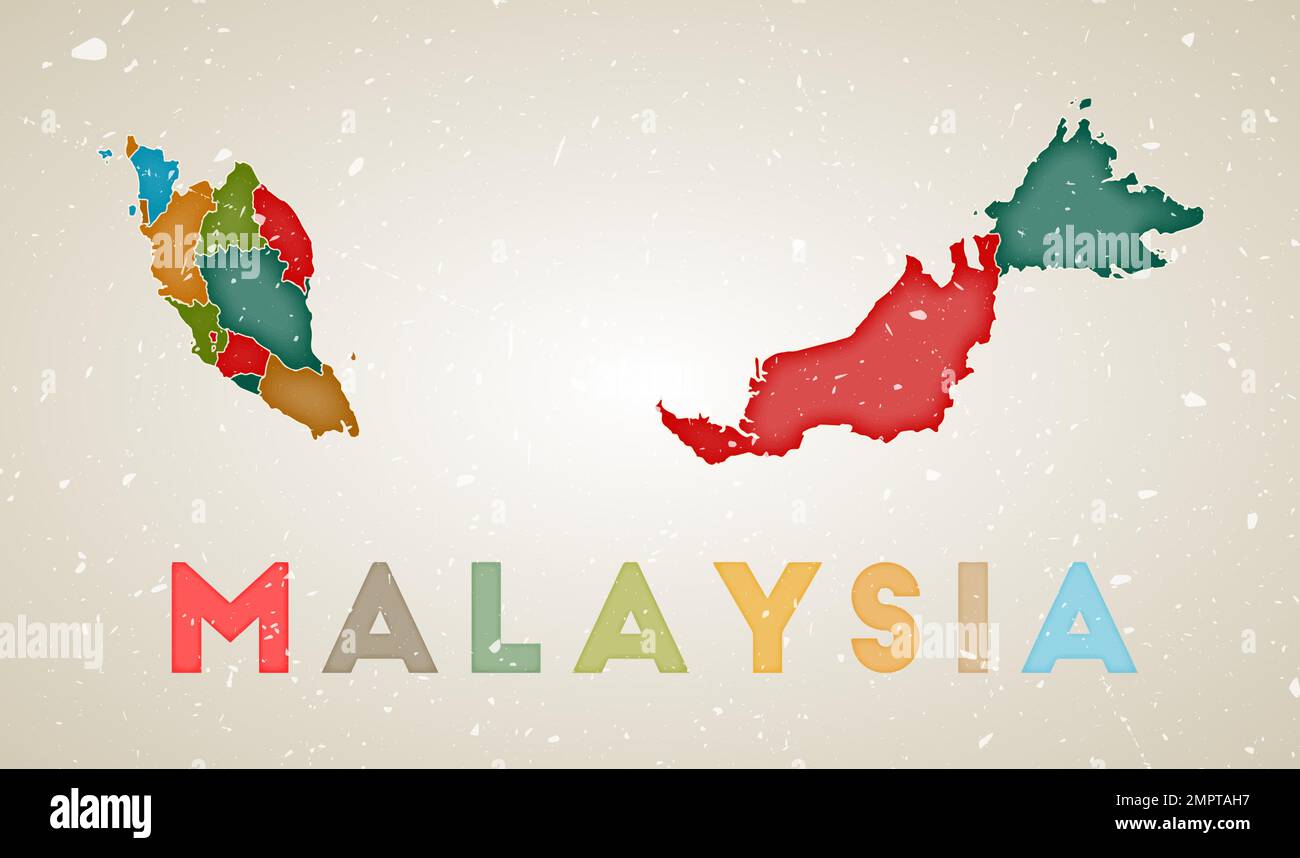 Malaysia map. Country poster with colored regions. Old grunge texture ...